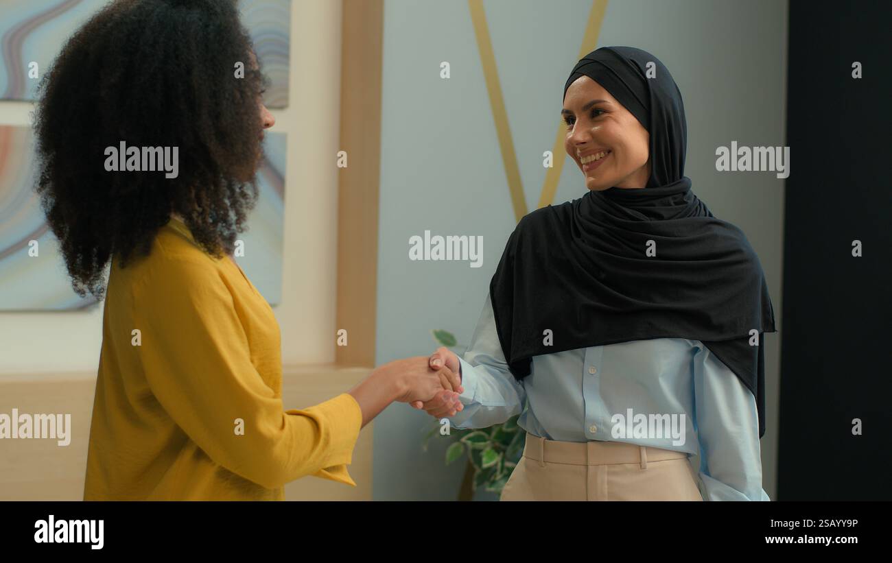 Business partners handshaking diverse multiracial women happy cheerful ...