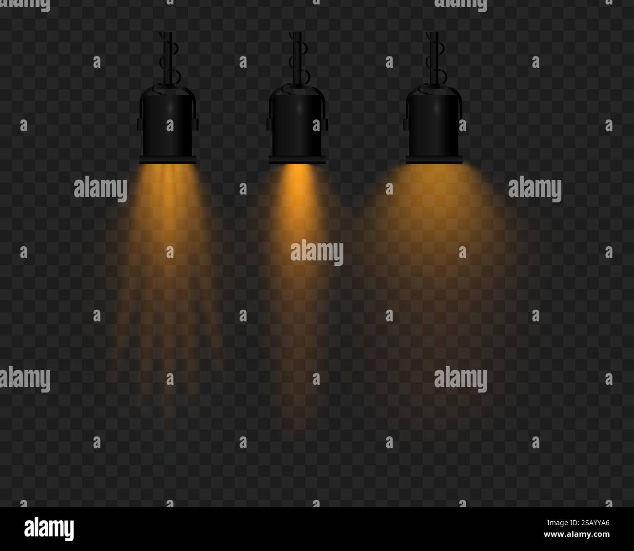 Realistic vector hanging lamps with orange light on a transparent ...