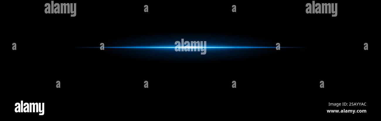 Horizontal light flare on a black background. Glowing blue beam with ...