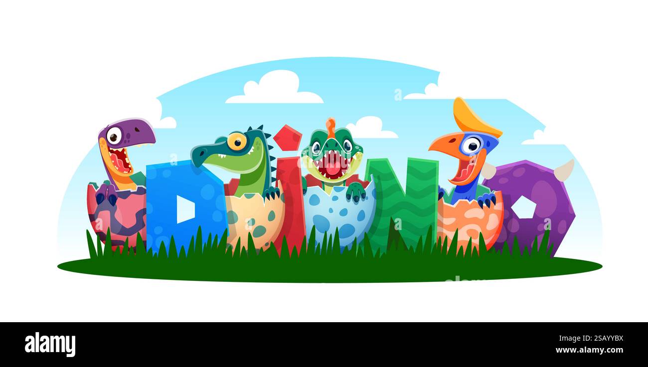 Cartoon funny cute dino kids. Dinosaurs newborn baby in egg shell cute ...