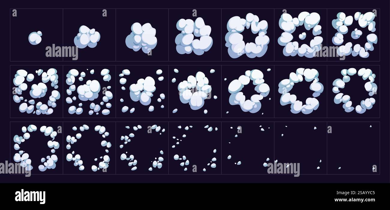 Smoke cloud explosion game sprite. Cartoon animate steam, bomb ...