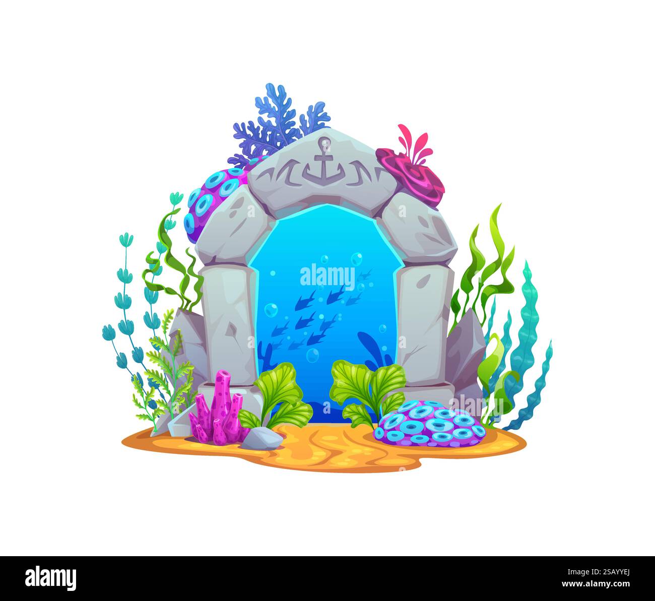 Magic game underwater sea portal in stone gate or door arch, cartoon ...
