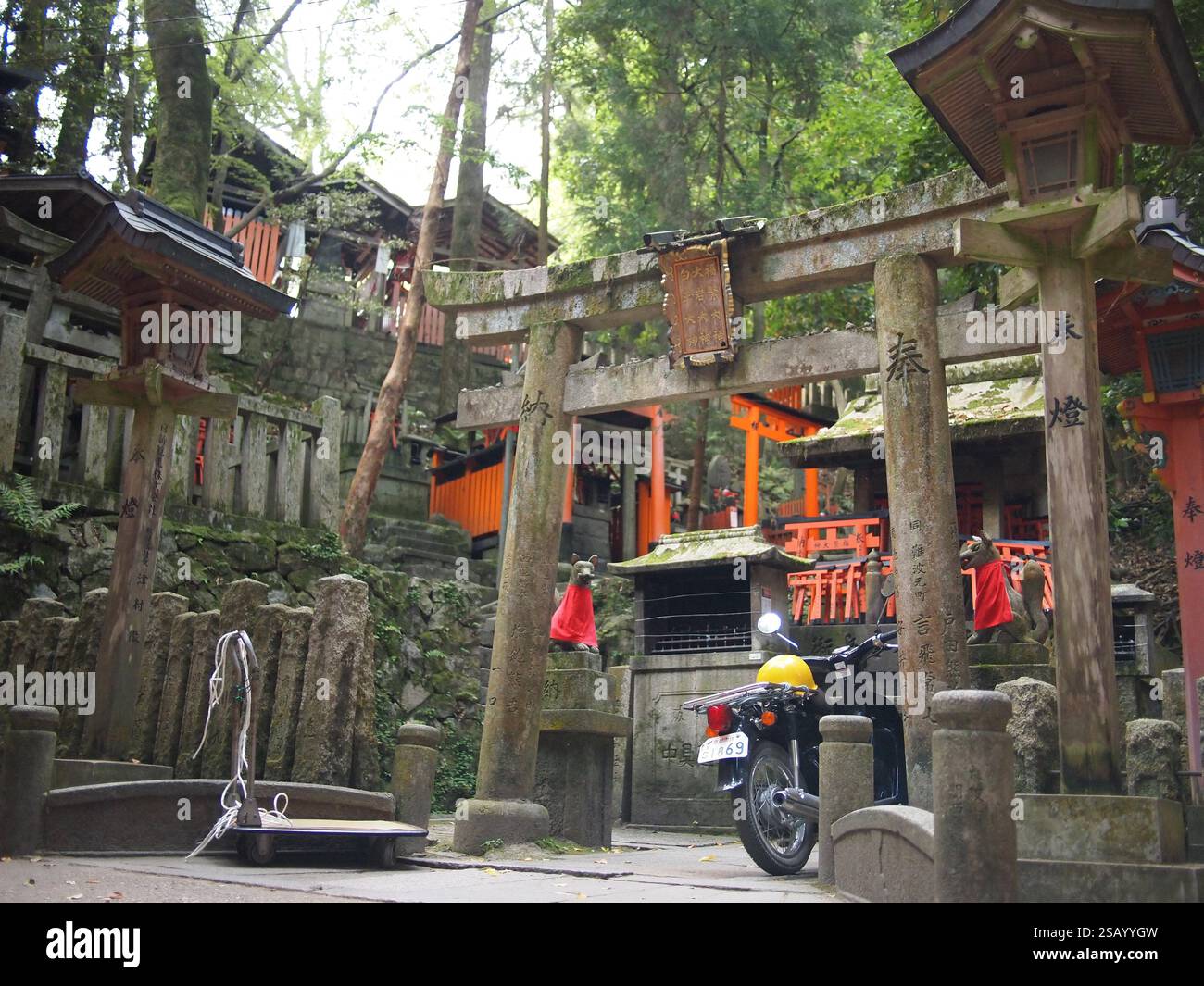 A motorbike under the shrine gate in forest Stock Photo - Alamy