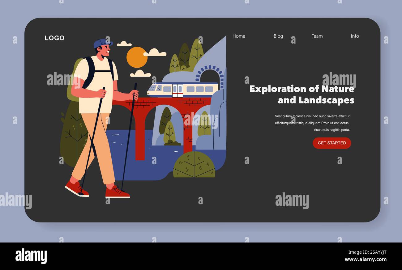 Eurotour concept. Adventure through natural landscapes with a hiker ...