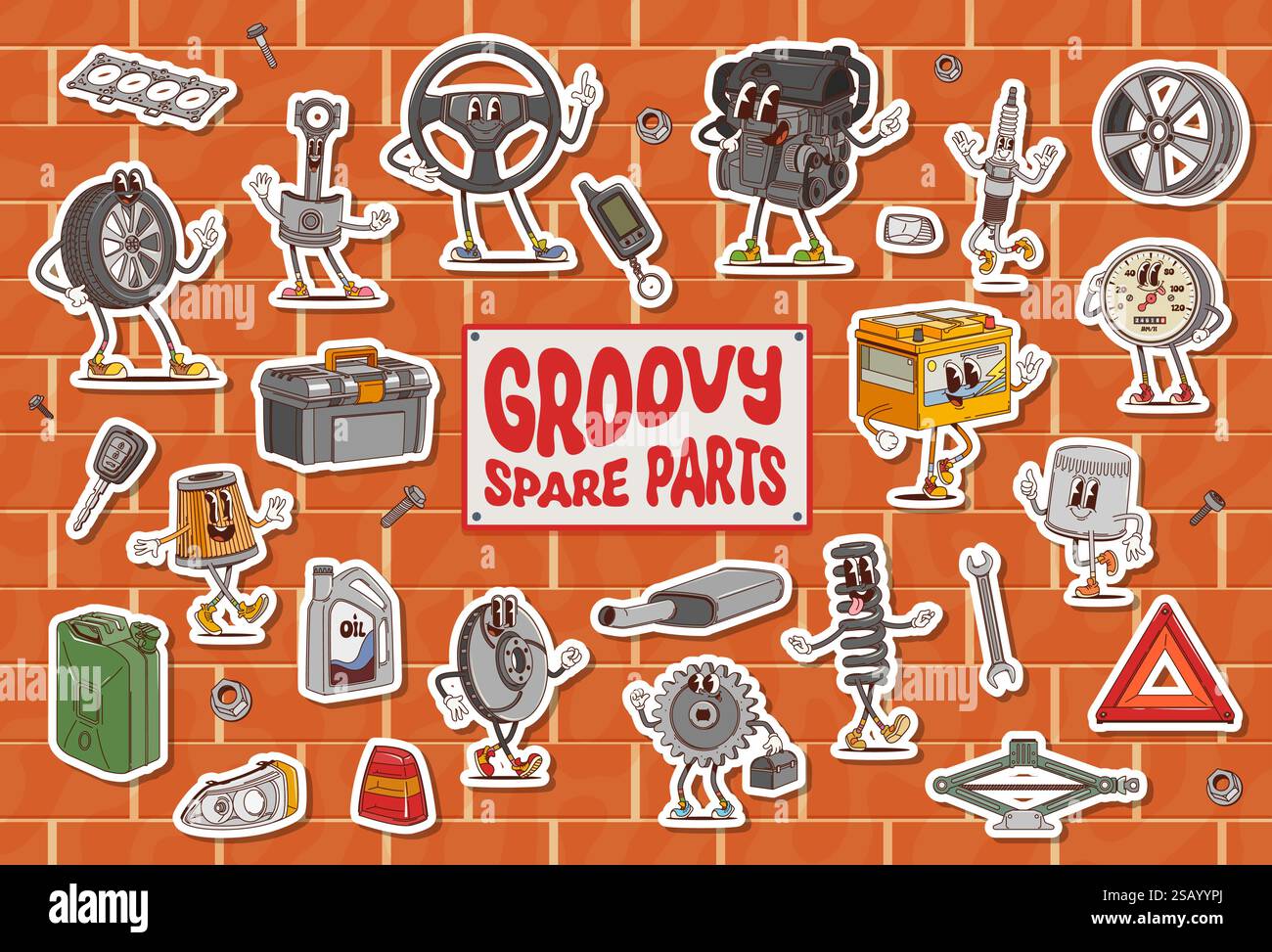 Cartoon groovy car spare parts characters stickers pack. Retro cute ...