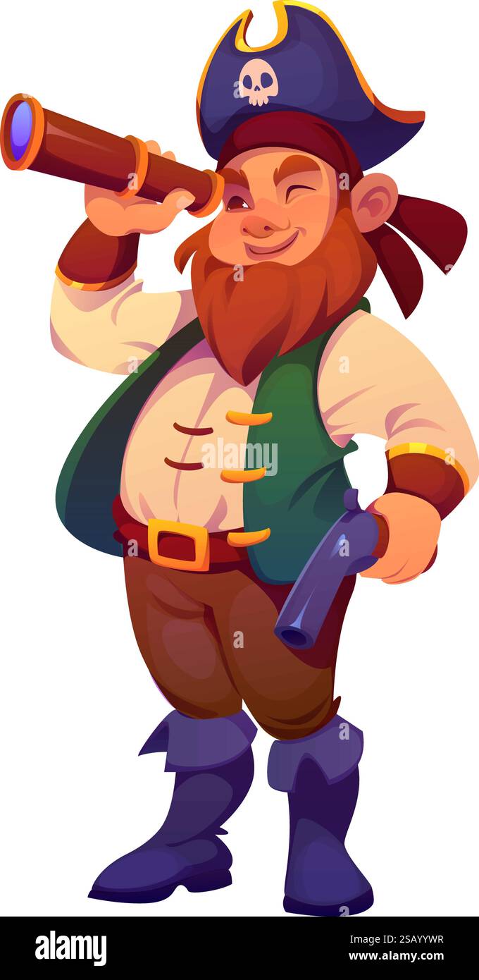 Cartoon sea pirate sailor and corsair captain character peers intently through a spyglass ...