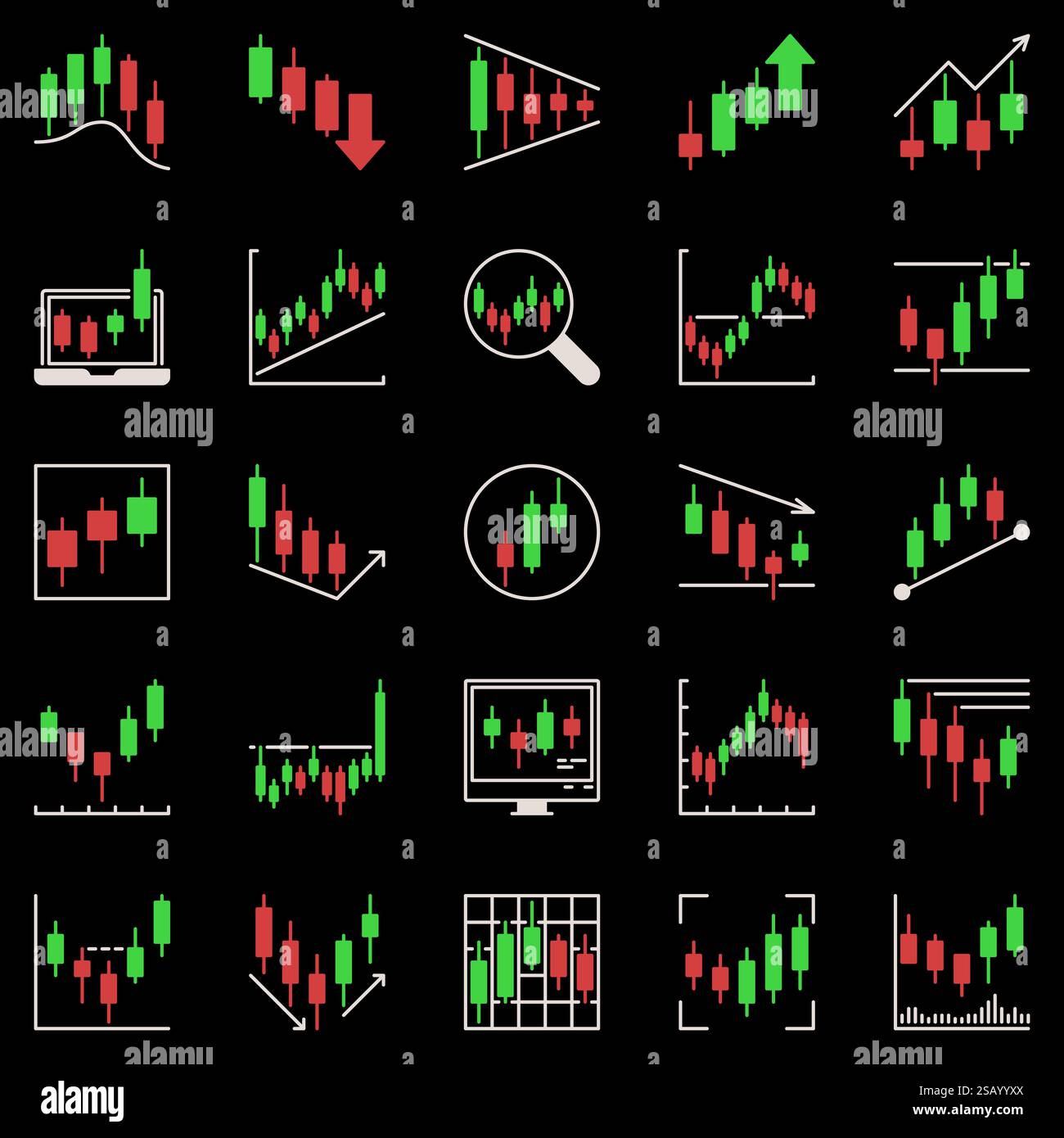 Candlestick Pattern or Chart icons set. Crypto Investment and Margin Trading vector creative ...