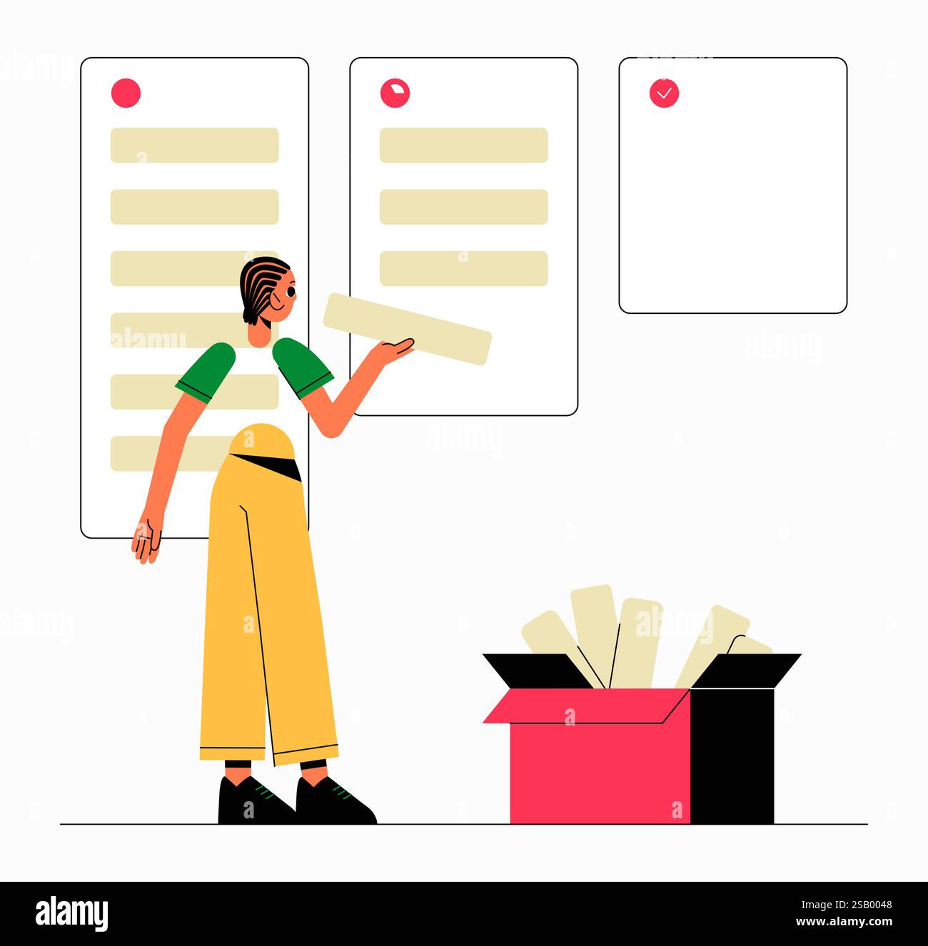 Female Character Organizing Notes In Flat Vector Illustration ...