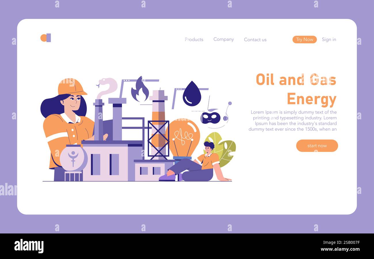 Oil and Gas Energy concept. An illustration of industry operations with workers and equipment ...