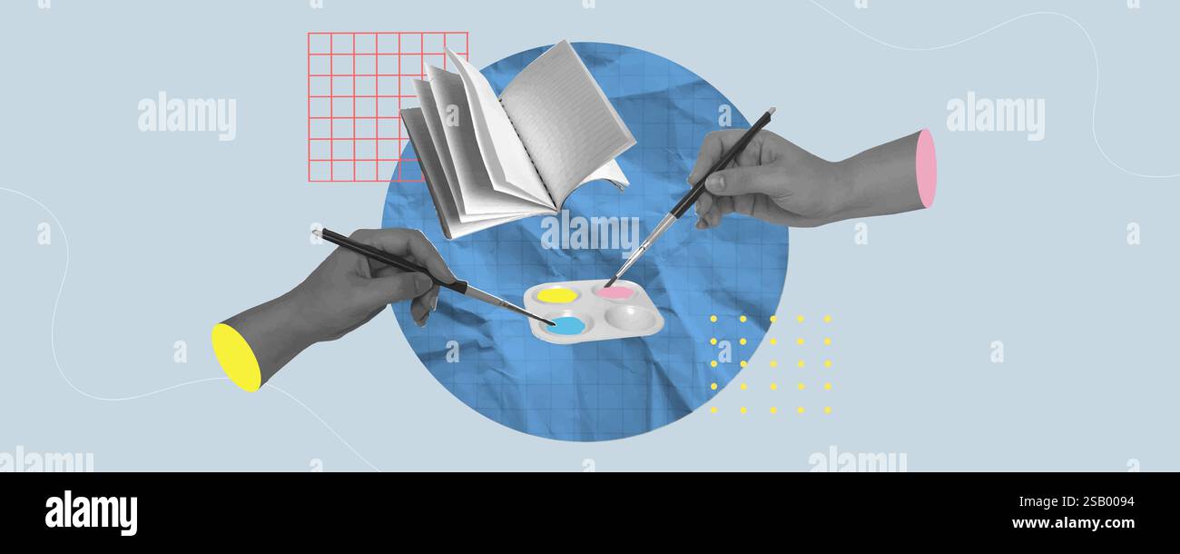 Hands creating a collage art with paints and brushes in an educational ...