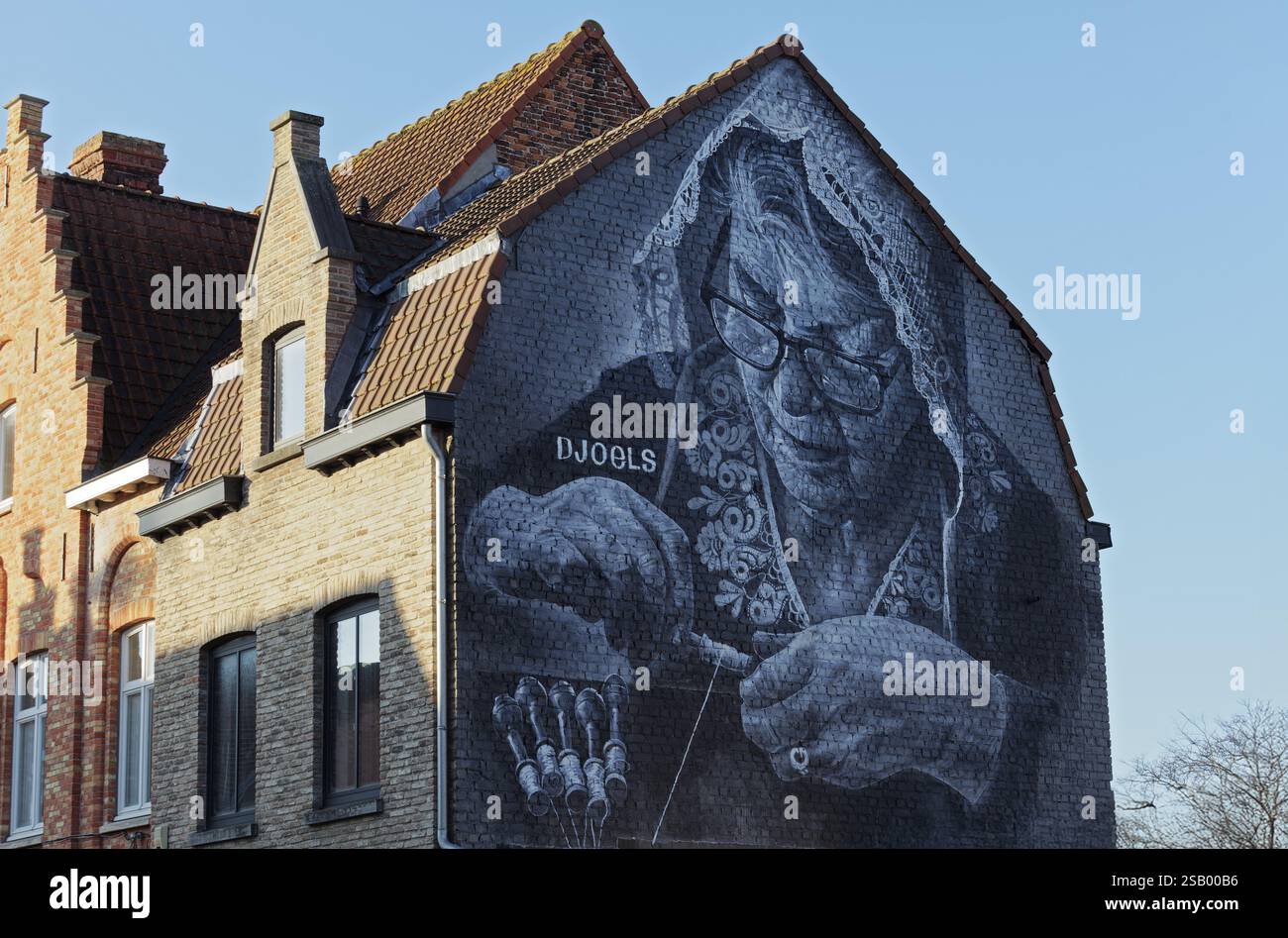 Mural lace maker with traditional lace bonnet, realistic mural in black ...