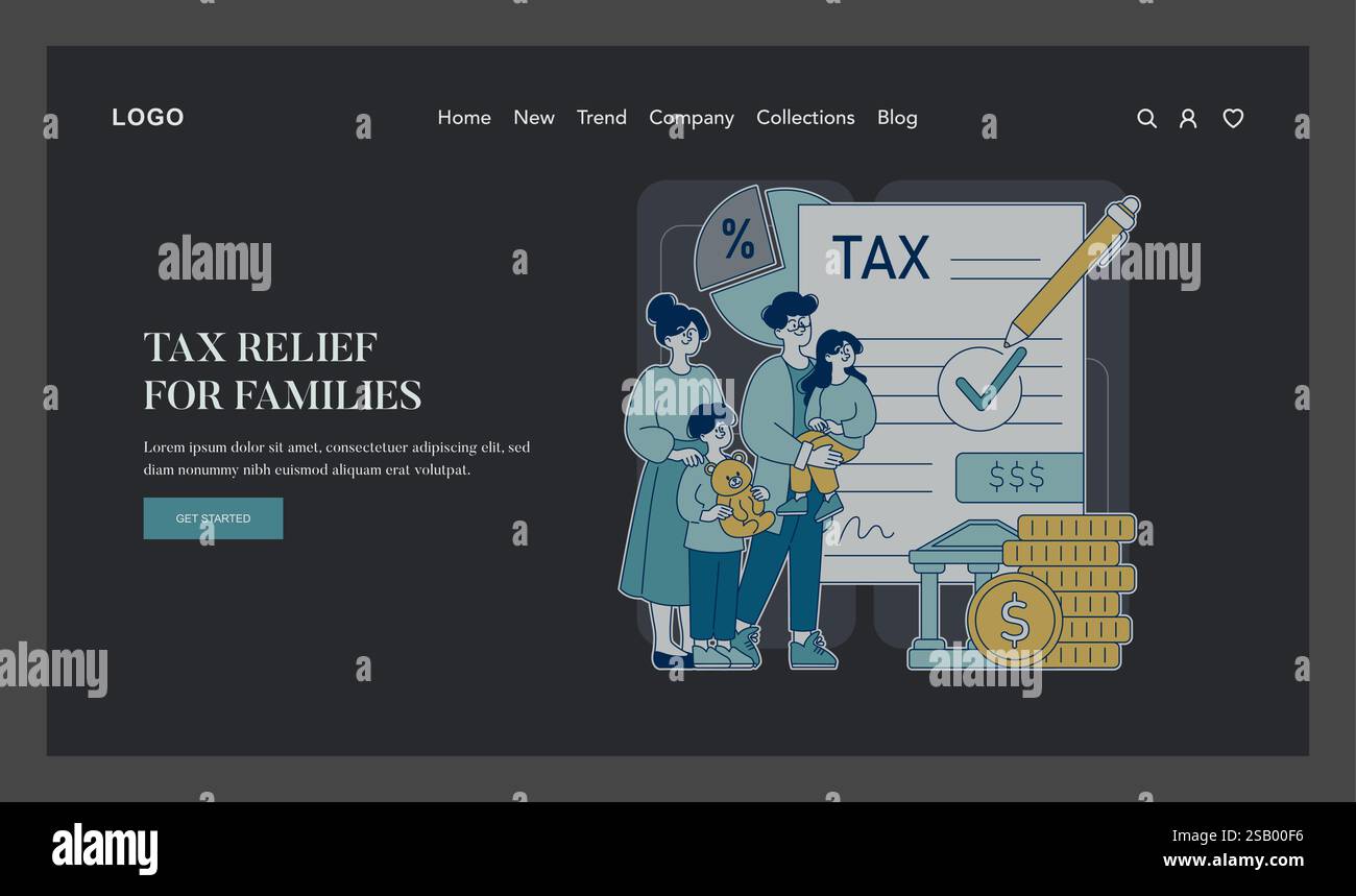 Tax relief illustration. A family reviews benefits next to a giant tax ...