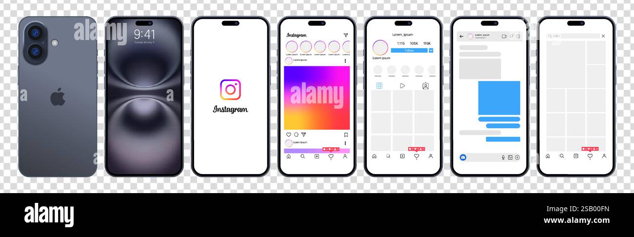 Instagram mockup in dark Iphone 16. Set screen social media and social ...