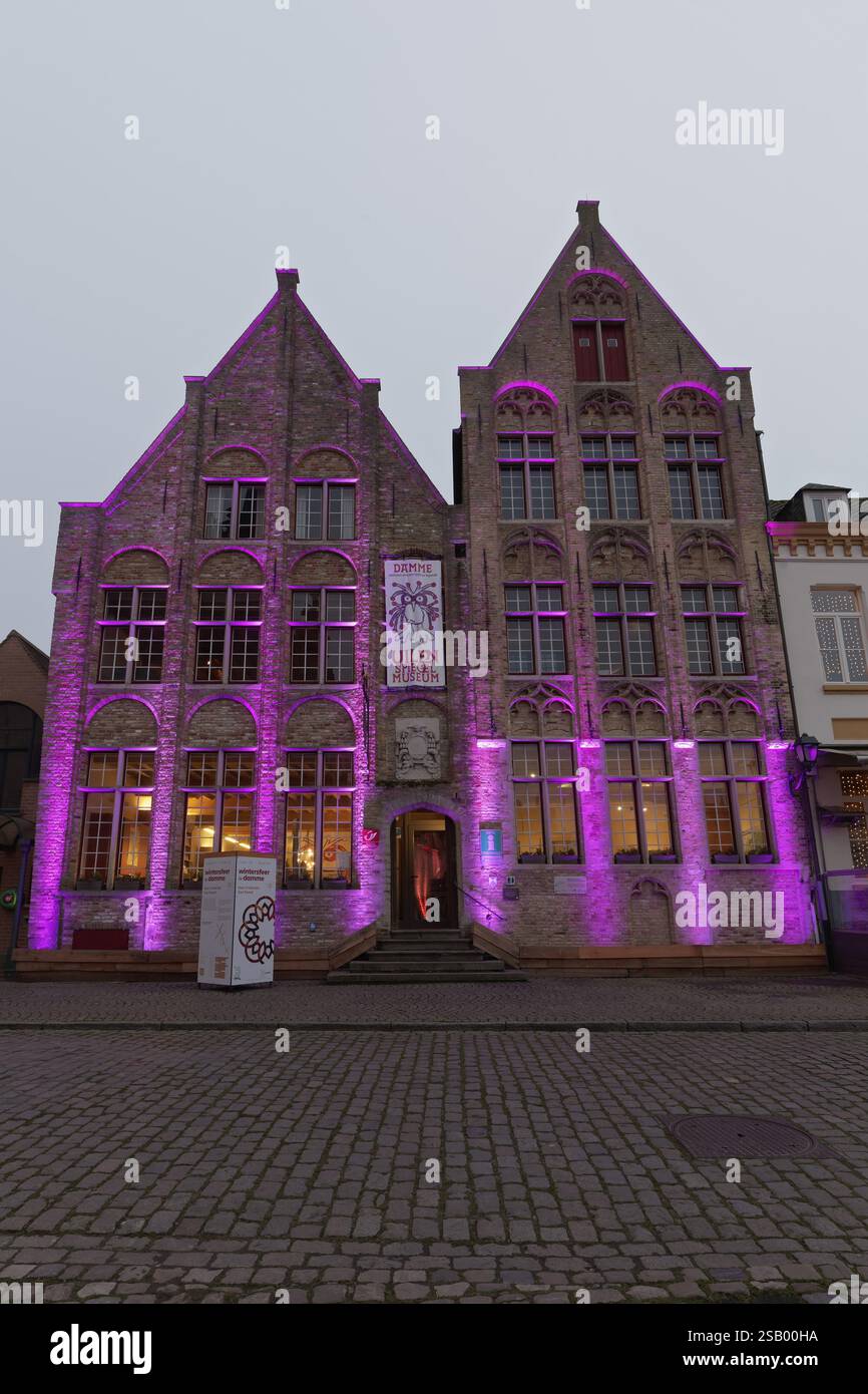 Medieval houses with illuminated facades, Eulenspiegel Museum, twilight ...