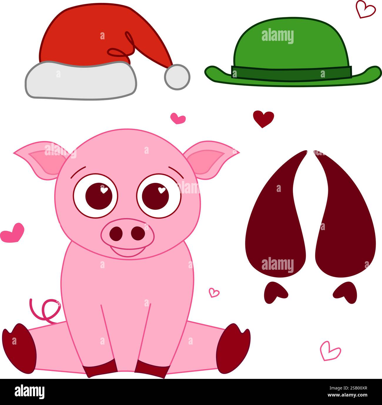 Little piggy character with santa hat, hat, footstep set. Graphic line ...