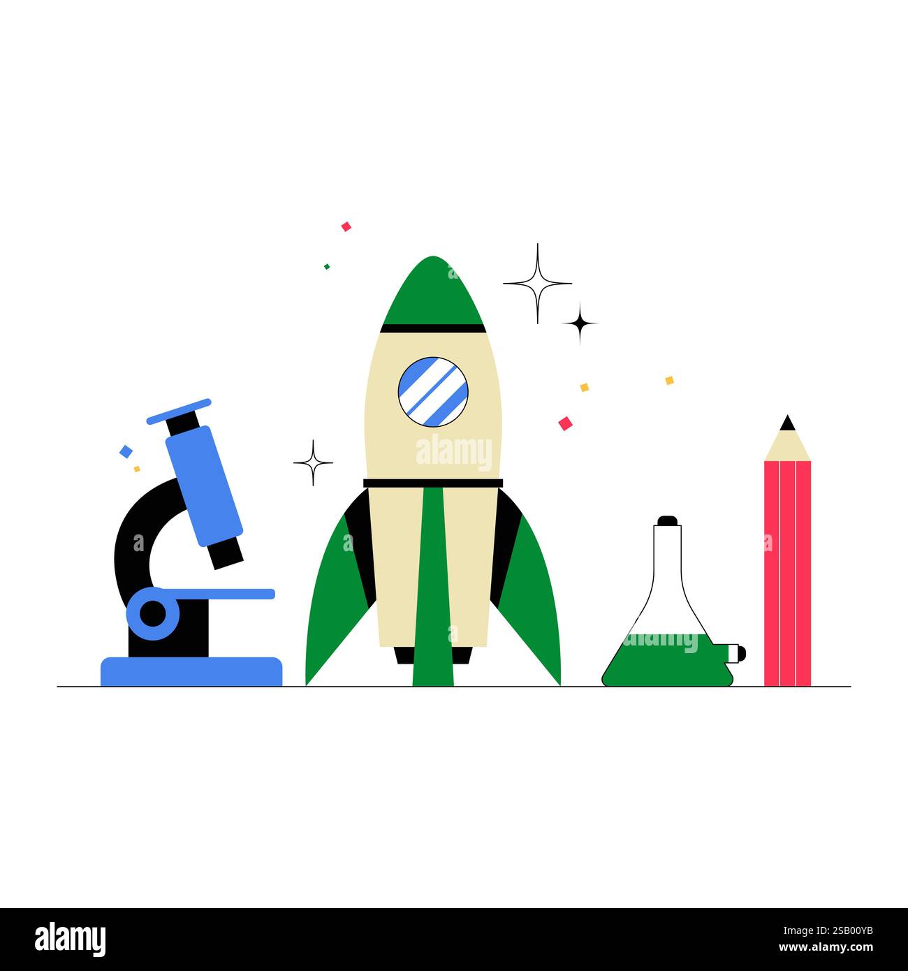 Scientific Startup With Rocket, Microscope, Pencil, And Flask In Flat ...