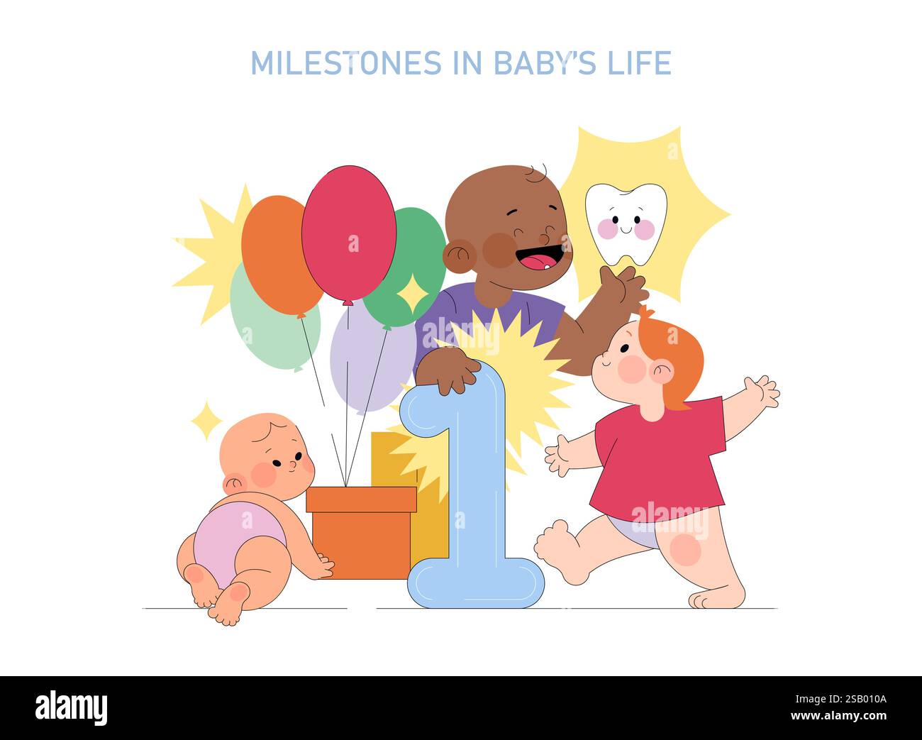 Baby's first birthday celebration illustration with milestones ...
