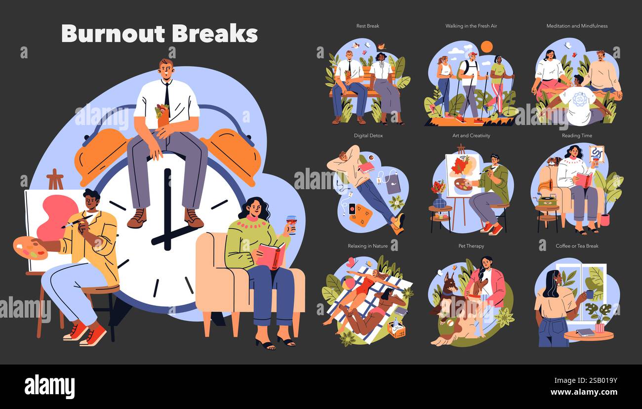 Burnout Breaks concept. Collection of activities promoting relaxation ...