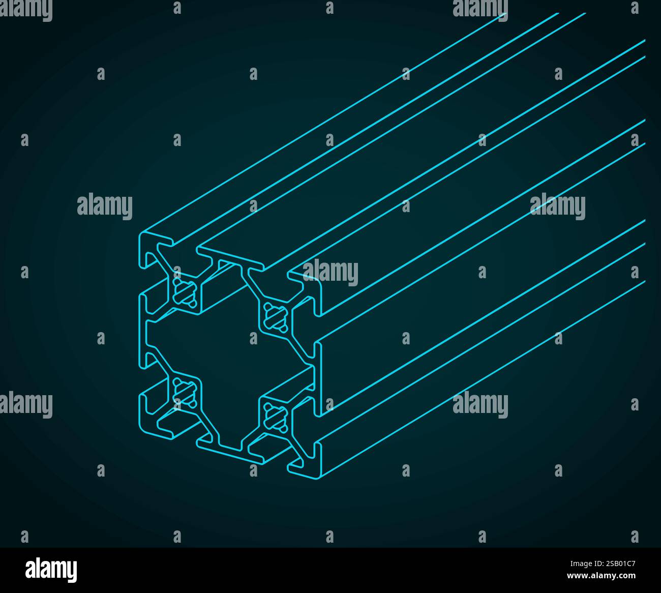 Stylized vector illustration of isometric blueprint of aluminum profile ...