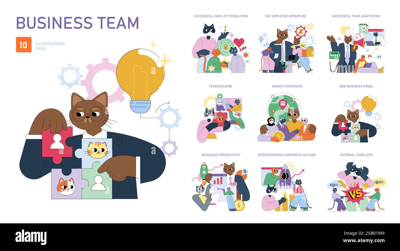 Business Team set. The dynamics of teamwork in a corporate environment ...