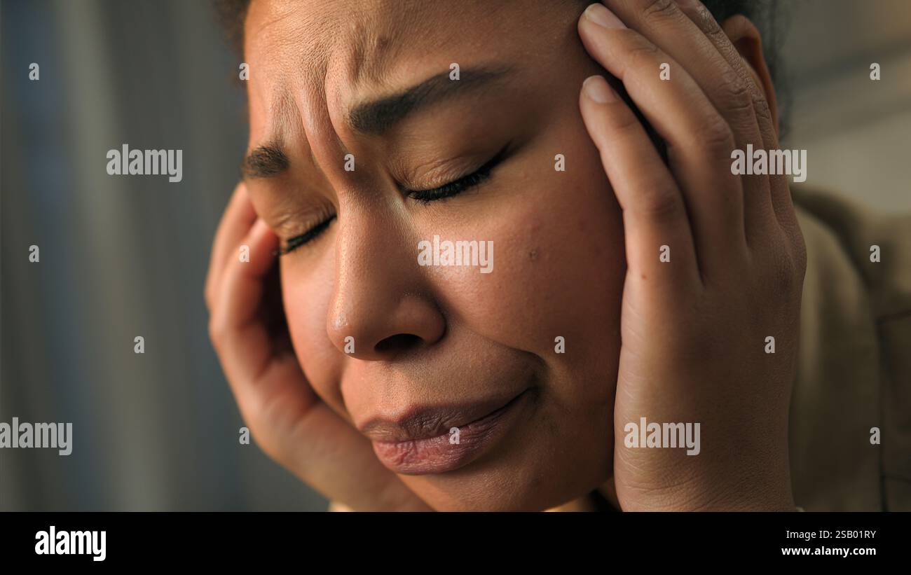 Close up unwell sad anxious African american woman sad face expression ...