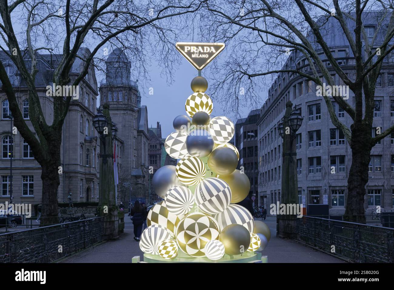 Designer Christmas tree of the Italian luxury brand Prada on a bridge ...