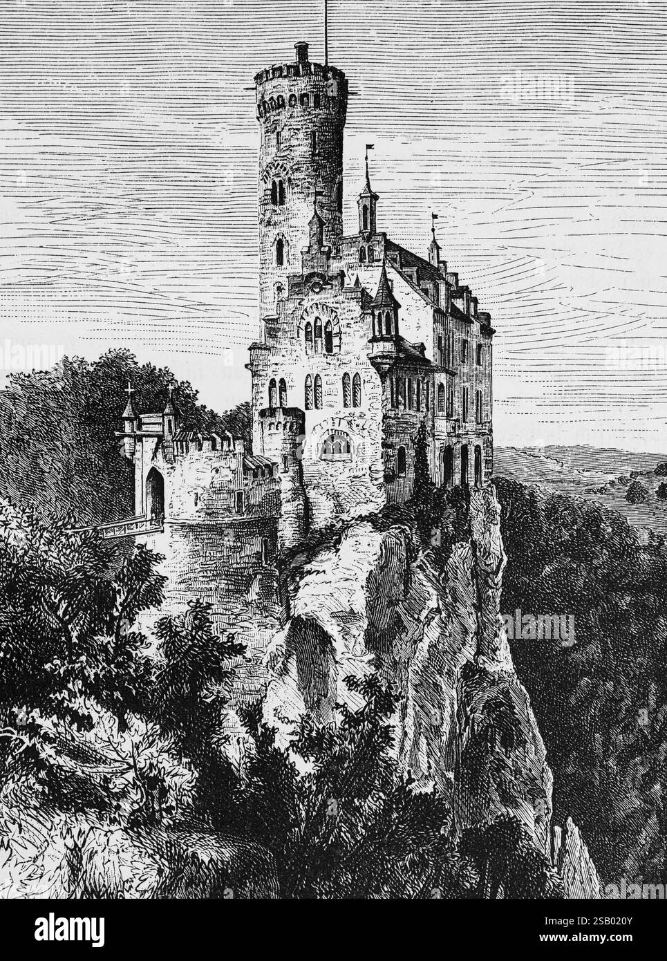 19th century Lichtenstein Castle on a cliff top, architectural style ...