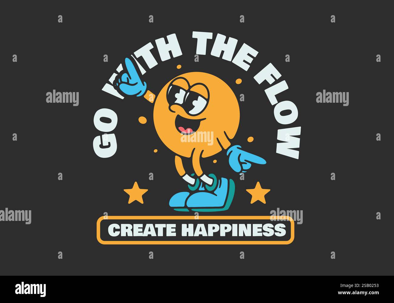 Go with the flow. Happy mascot character in dance pose, dark background ...
