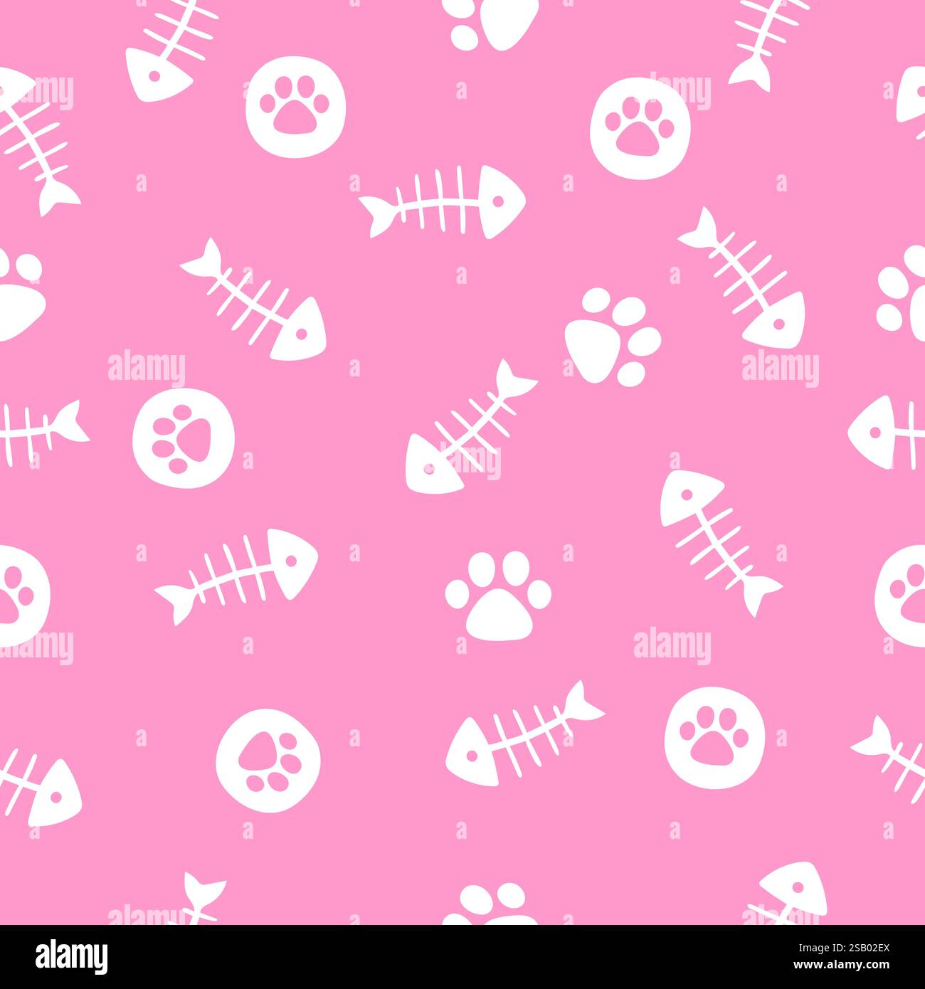Vector hand drawn seamless pattern. White fish skeleton and cats paw ...