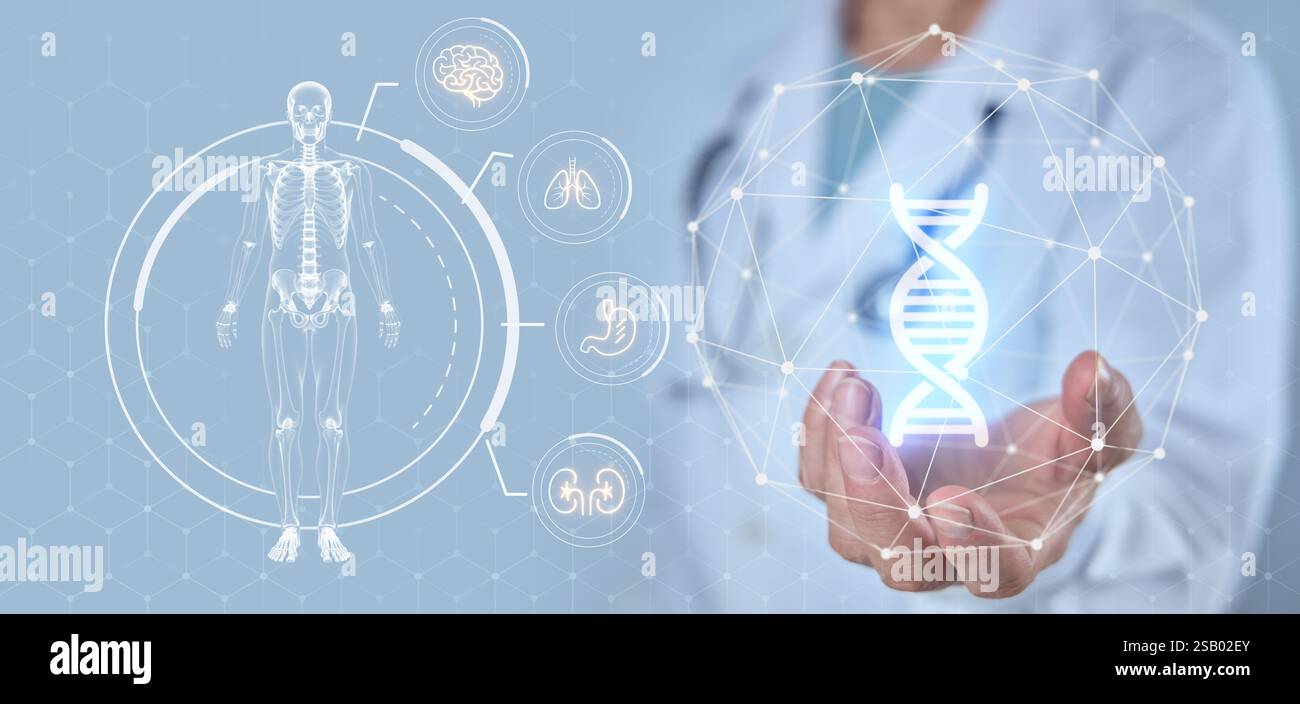 Doctor touches hologram on modern interface. Concept of health ...