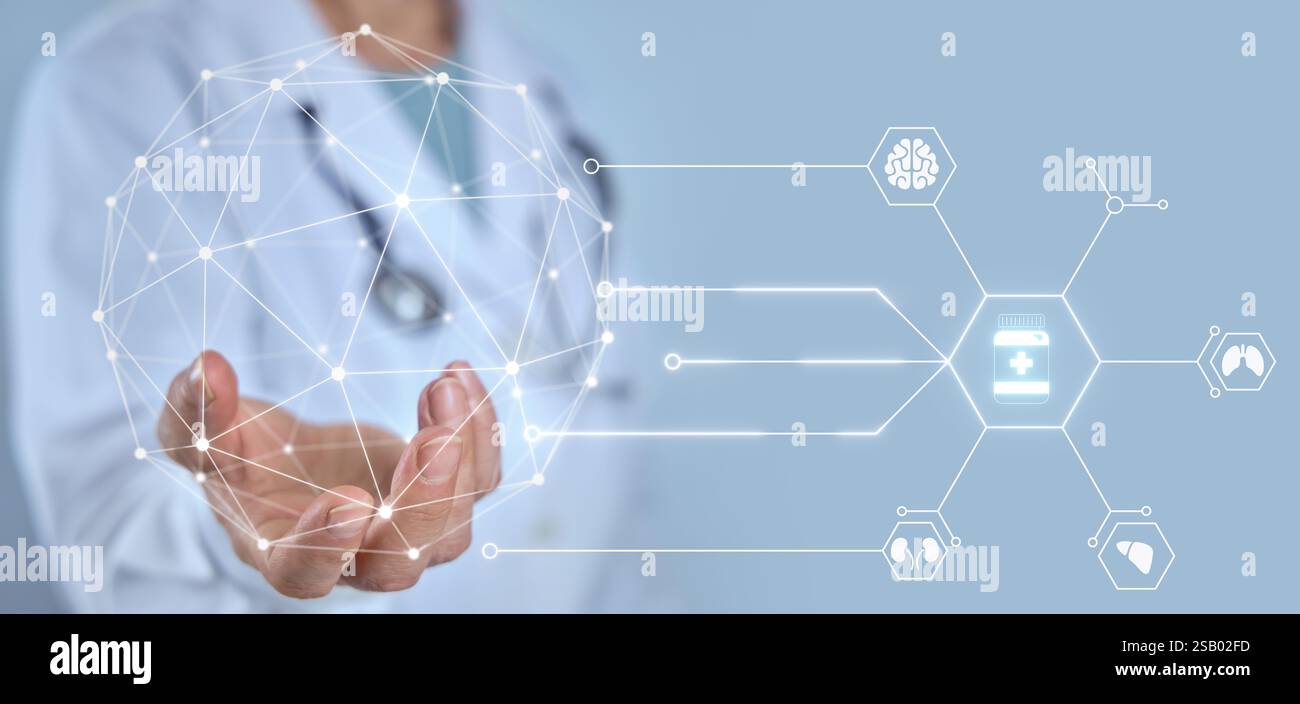 Doctor touches hologram on modern interface. Concept of health ...