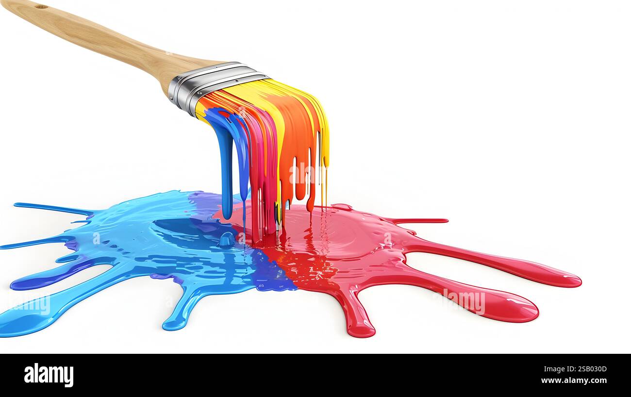 This image depicts a 3D paintbrush icon with vibrant,colorful paint ...