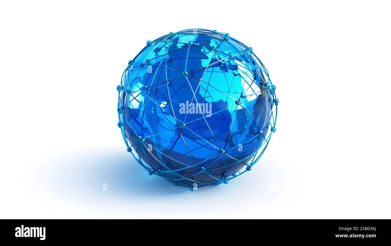 A 3D rendered globe with a digital network of interconnected lines and nodes,symbolizing the ...
