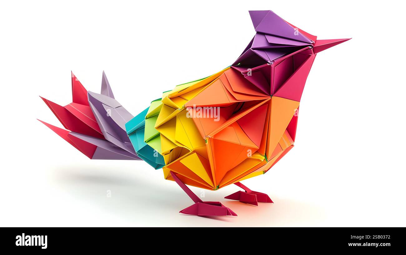 A striking 3D origami bird icon,crafted from a vibrant and textured ...
