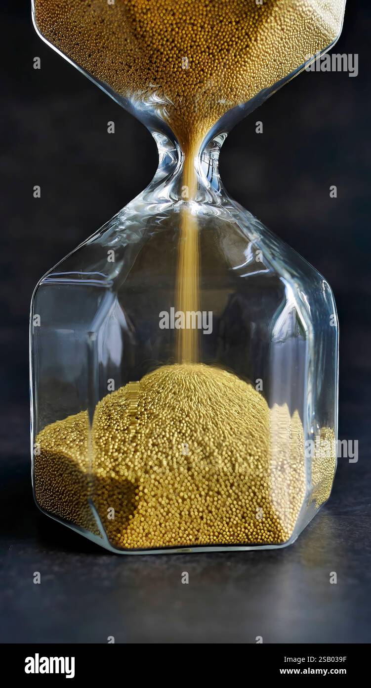 Close up transparent Hourglass with Falling golden Sand in dark ...