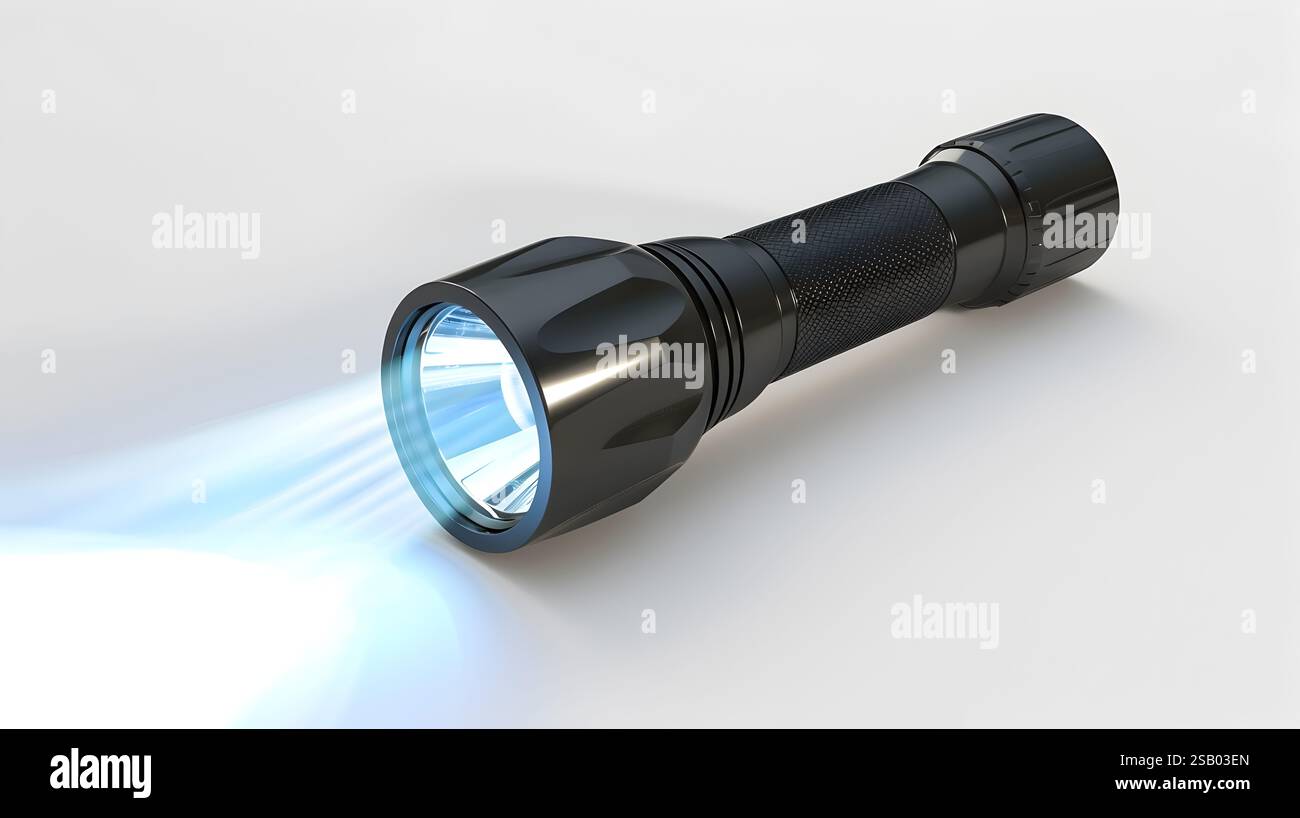 This image depicts a 3D icon of a flashlight emitting a bright beam of ...