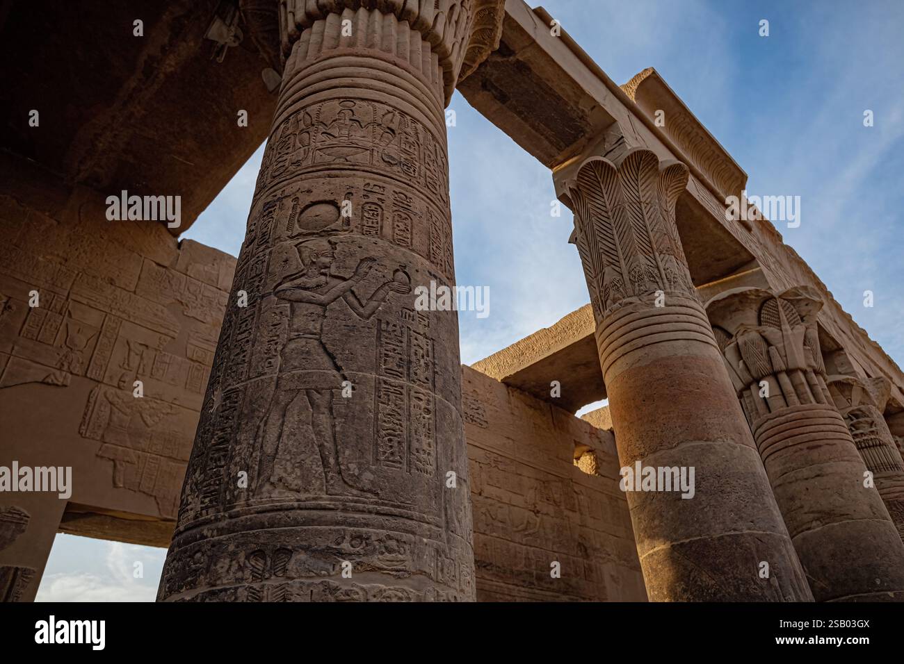 Details of Philae temple in Aswan Upper Egypt. Stone carved pillars with Egyptian god images ...