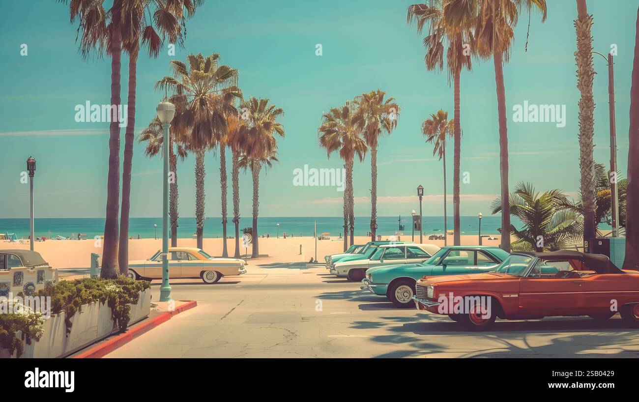 This image depicts a classic,vintage-inspired summer scene along a ...