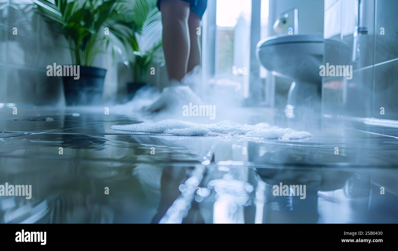 This image depicts an efficient and thorough bathroom cleaning session ...