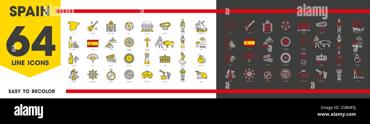Spain landmark and travel line icons. Vector spanish map, flag, food ...
