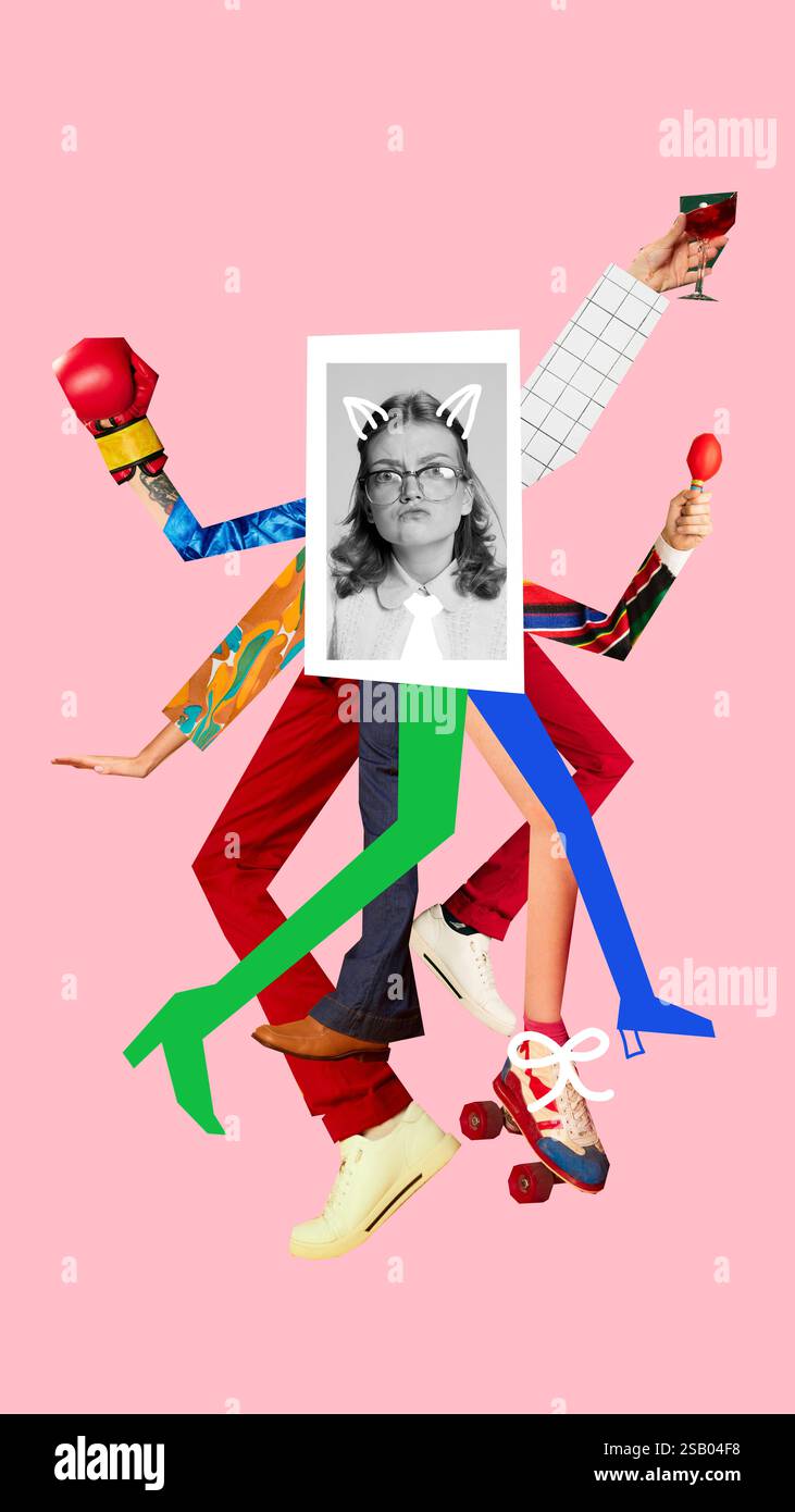 Surreal artwork. Woman with playful cat ears and expressive face ...