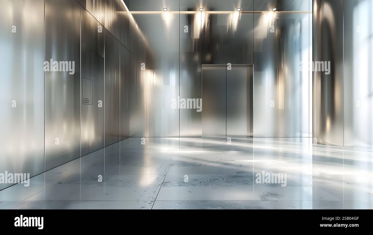 This image depicts a sleek and sophisticated hallway or gallery space ...