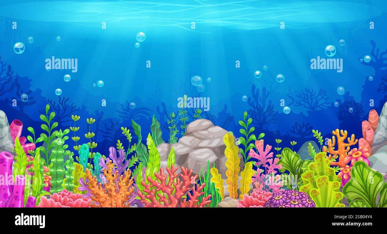 Cartoon game background underwater landscape. Vector undersea level ...