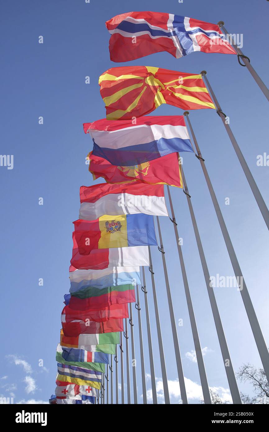 European national flags, Norwegian, French and North Macedonian ...