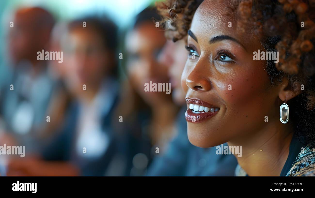 The image depicts a close-up of a charismatic female business leader ...
