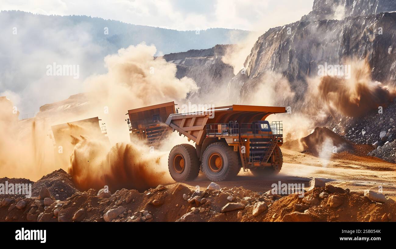This image depicts a rugged,industrial quarry scene with autonomous ...