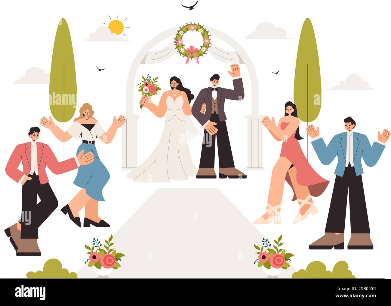 Wedding Ceremony Celebration Vector Illustration featuring a Bride and ...