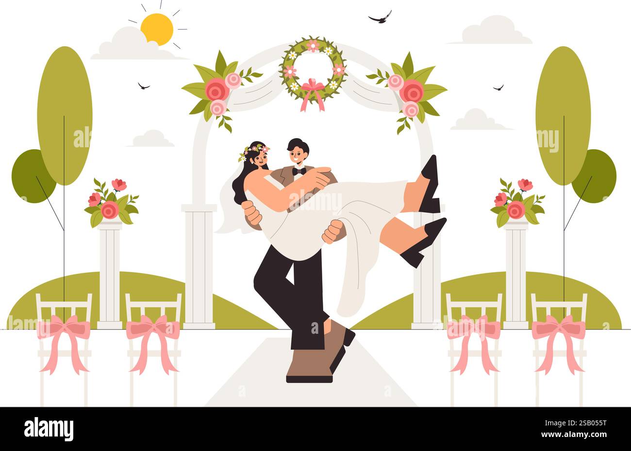 Wedding Ceremony Celebration Vector Illustration featuring a Bride and ...