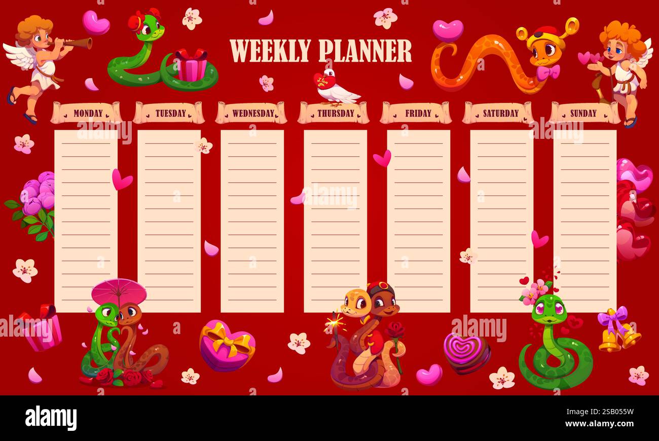 Weekly planner schedule with valentines day snakes and flowers, cherubs ...