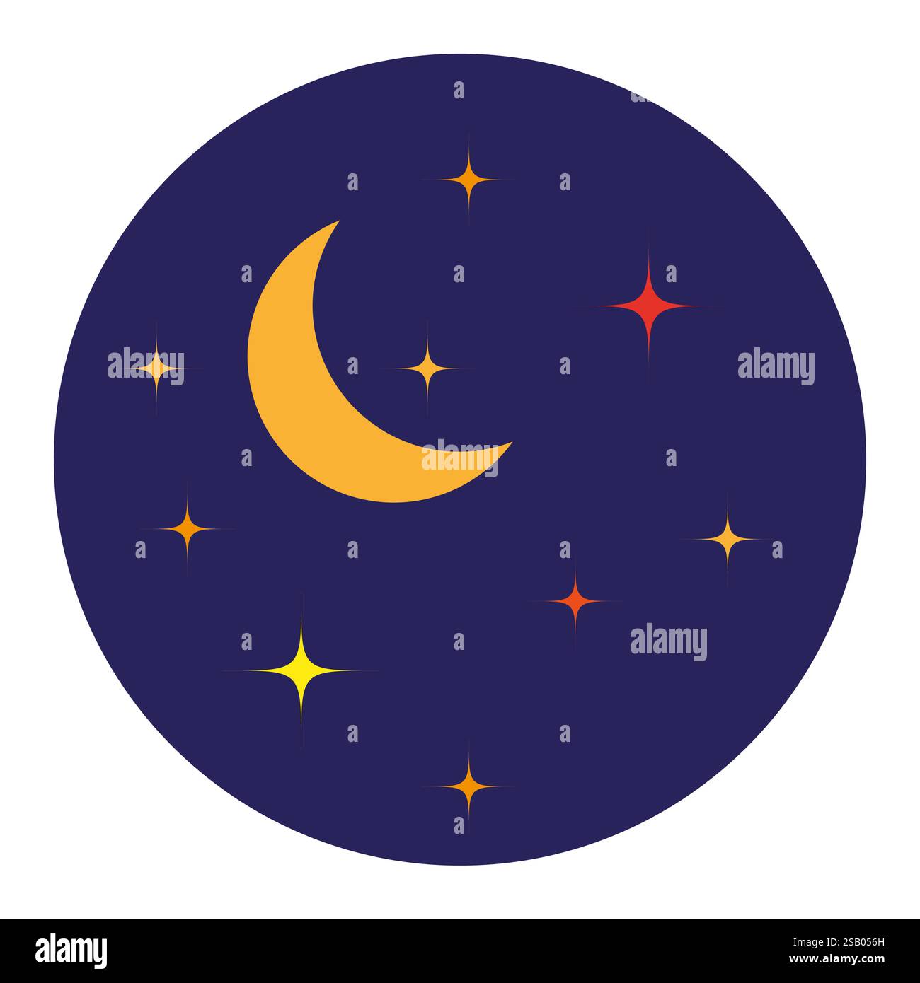 Yellow crescent moon. Sparkling star pattern. Deep blue background ...